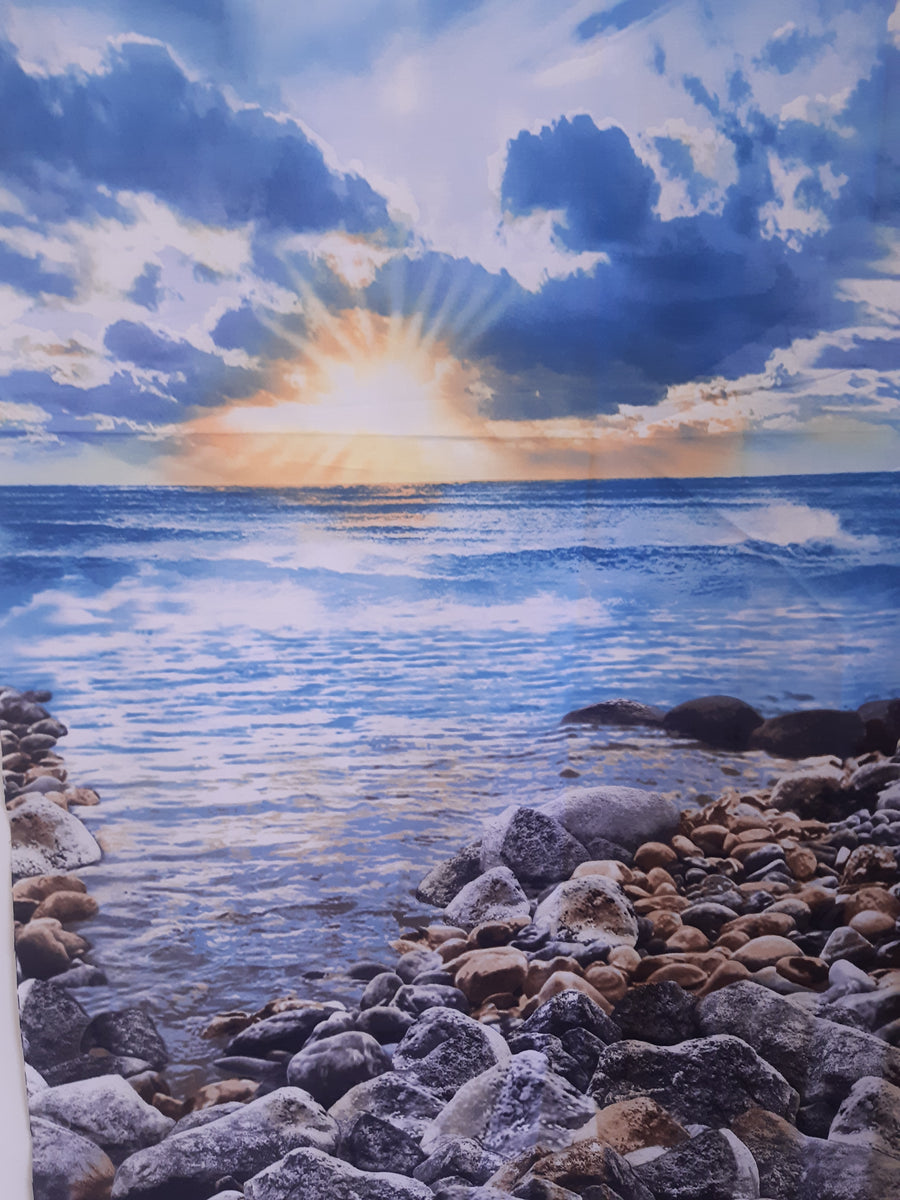 Panel patchwork stof, naturtro tryk af himmel hav og strand og sol ned ...