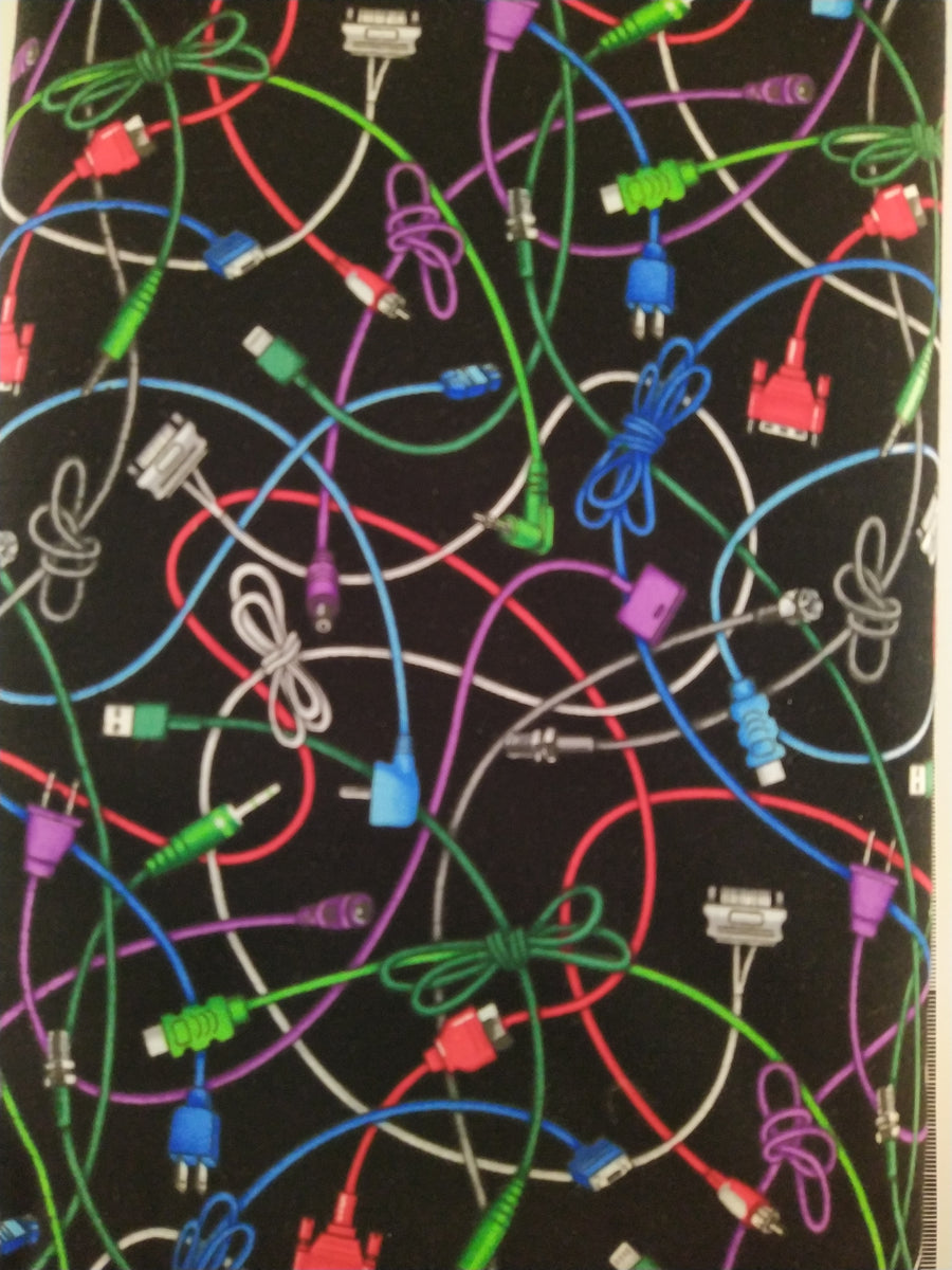 Patchwork stof, Sort bund med klare farver ledninger og stik. – skerping